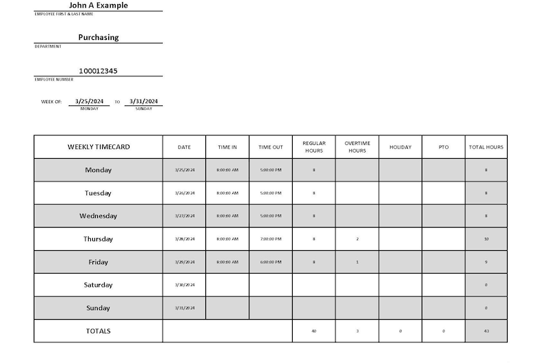 Editable Excel Employee Time Sheet, Weekly Time Tracker, Timekeeping ...