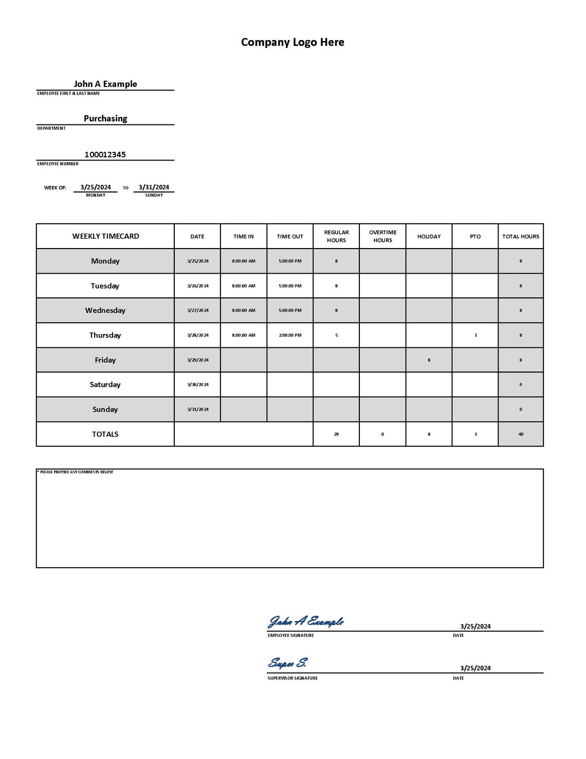 Editable Excel Employee Time Sheet, Weekly Time Tracker, Timekeeping ...