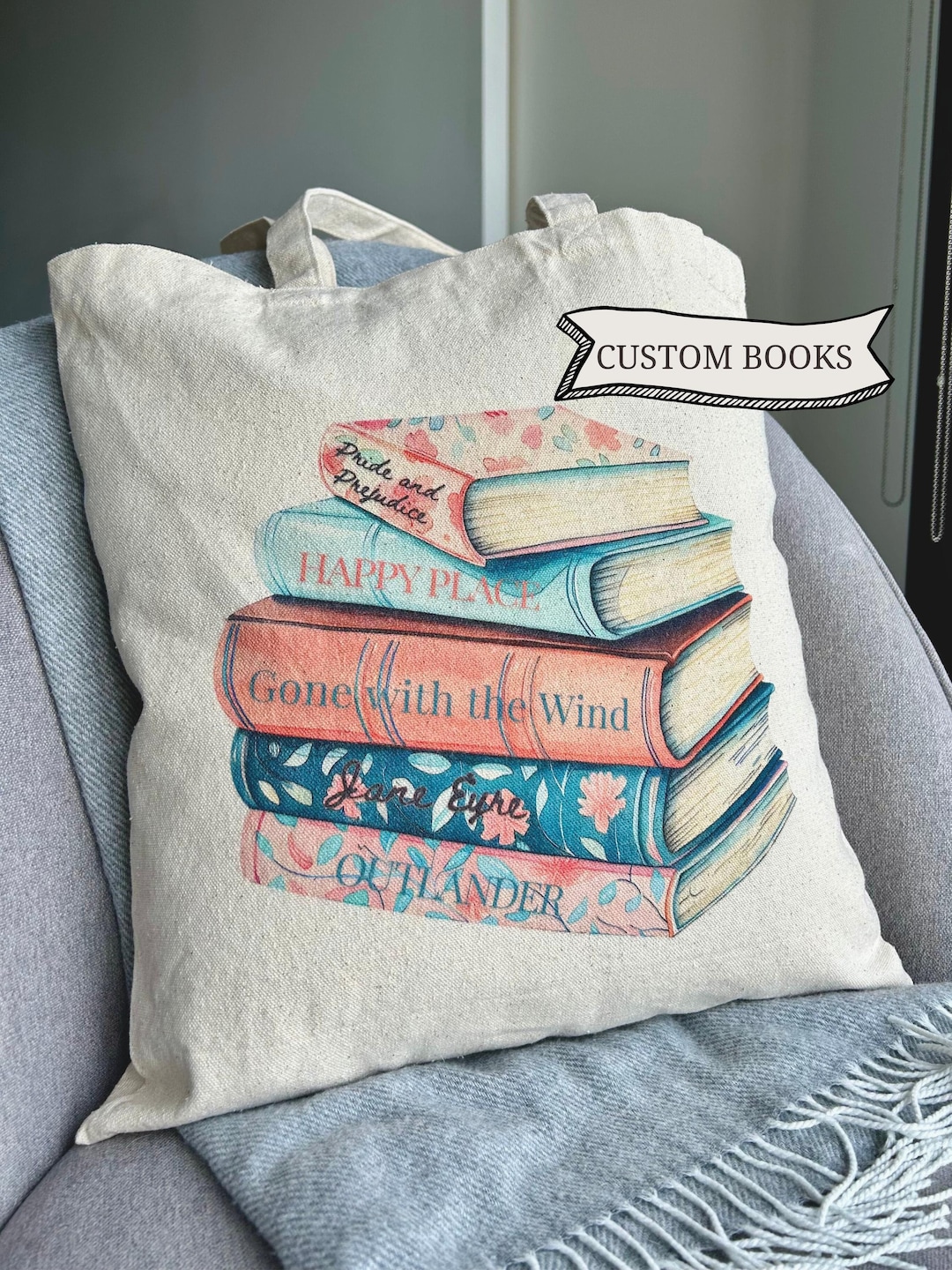 Custom Book Tote Bag Custom Book Stack Watercolor Art Print Favorite ...