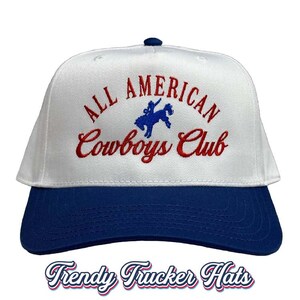 All American Cowboys Club White/royal Trucker Hat, Embroidered Hat ...