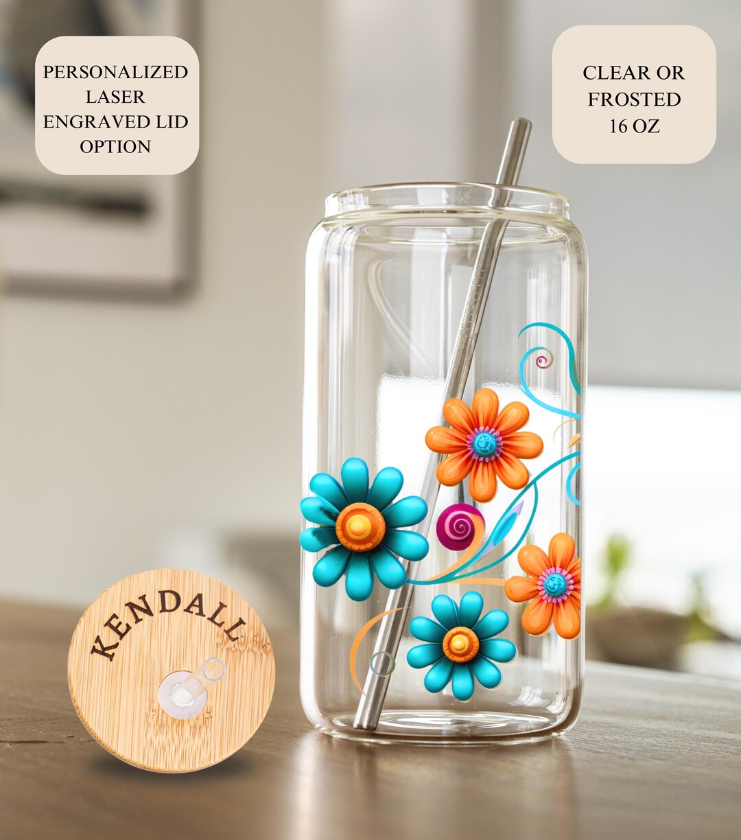 Custom Groovy Flowers Glass Cup, Colorful Flowers Cup, Personalized ...