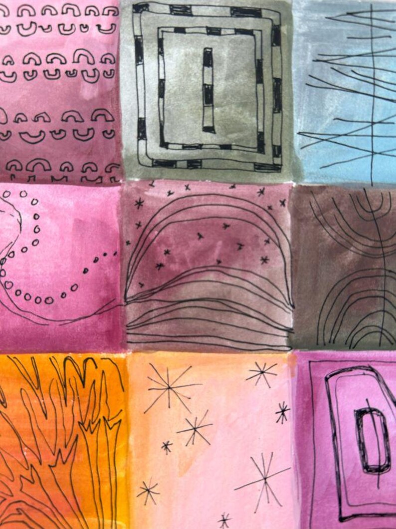Abstract Design in Squares Mixed Media Painting on 6 X 9" Bristol Paper ...