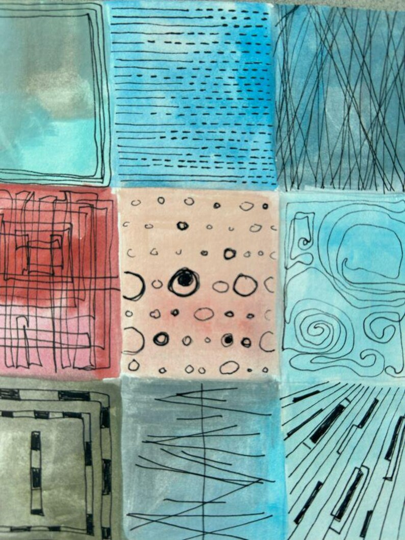 Abstract Design in Squares Mixed Media Painting on 6 X 9" Bristol Paper ...