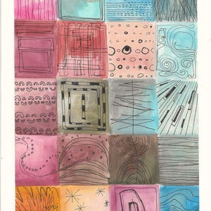 Abstract Design in Squares Mixed Media Painting on 6 X 9" Bristol Paper ...