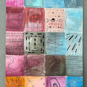 Abstract Design in Squares Mixed Media Painting on 6 X 9" Bristol Paper ...