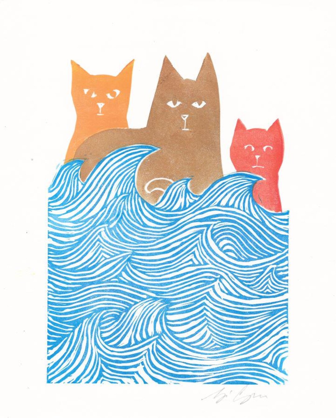 Blue Wave Cats Block Print on 8 X 10 Paper - Etsy