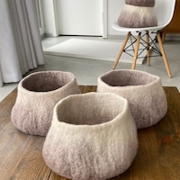 Handmade Wool Felt Pom Pom Basket: Rainbow Decor, Storage (11x7 Inches ...