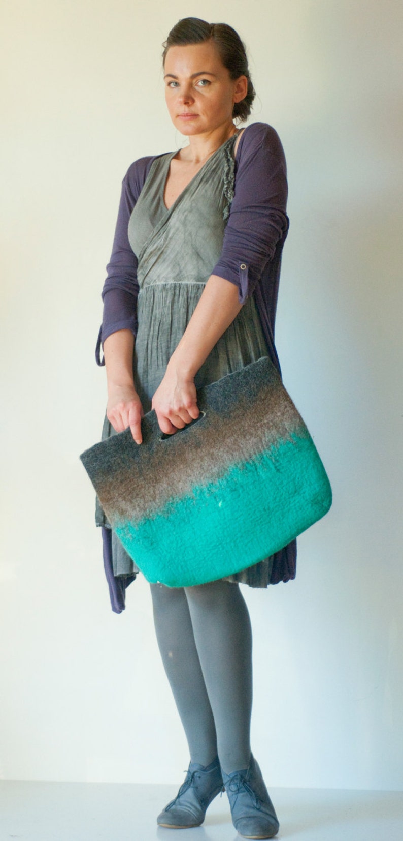 Felt Handbag Modern Felt Bag / Ombre Teal Brown Everyday Bag | Etsy