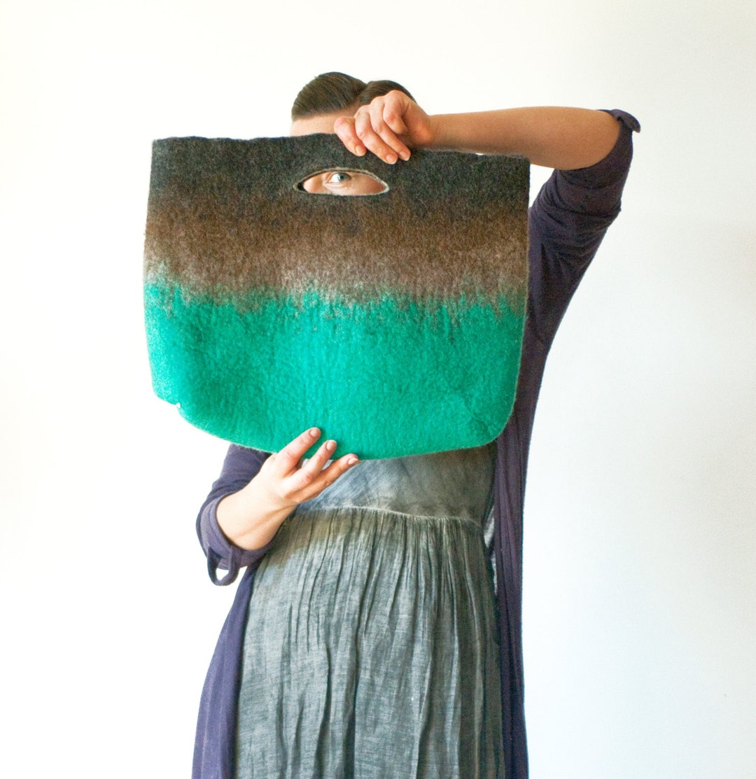 Felt Handbag Modern Felt Bag / Ombre Teal Brown Everyday Bag - Etsy