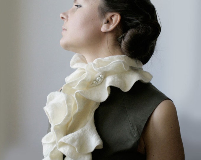 Milk Curls Scarf With Pin Nuno Felted Wool Wearable Art - Etsy