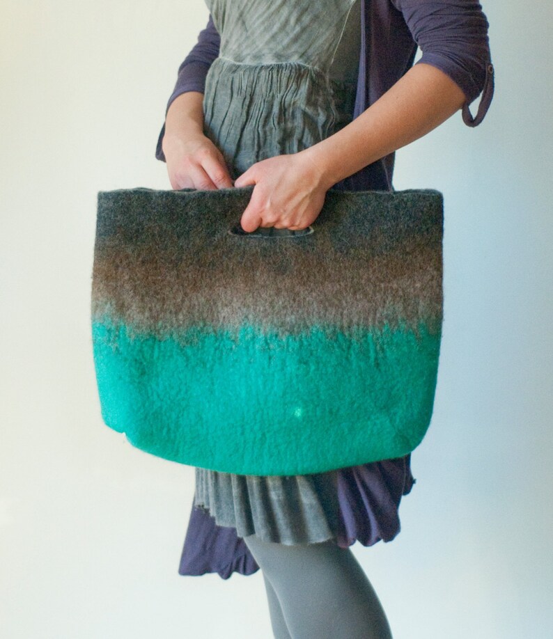 Felt Handbag Modern Felt Bag / Ombre Teal Brown Everyday Bag | Etsy