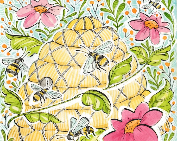 Bee Hive Art Print Limited Edition Archival Watercolor - Etsy