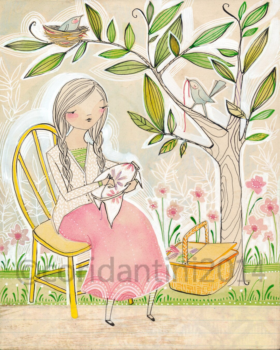 Girl Embroidering Illustration Seamstress Limiited Editon Print of a ...