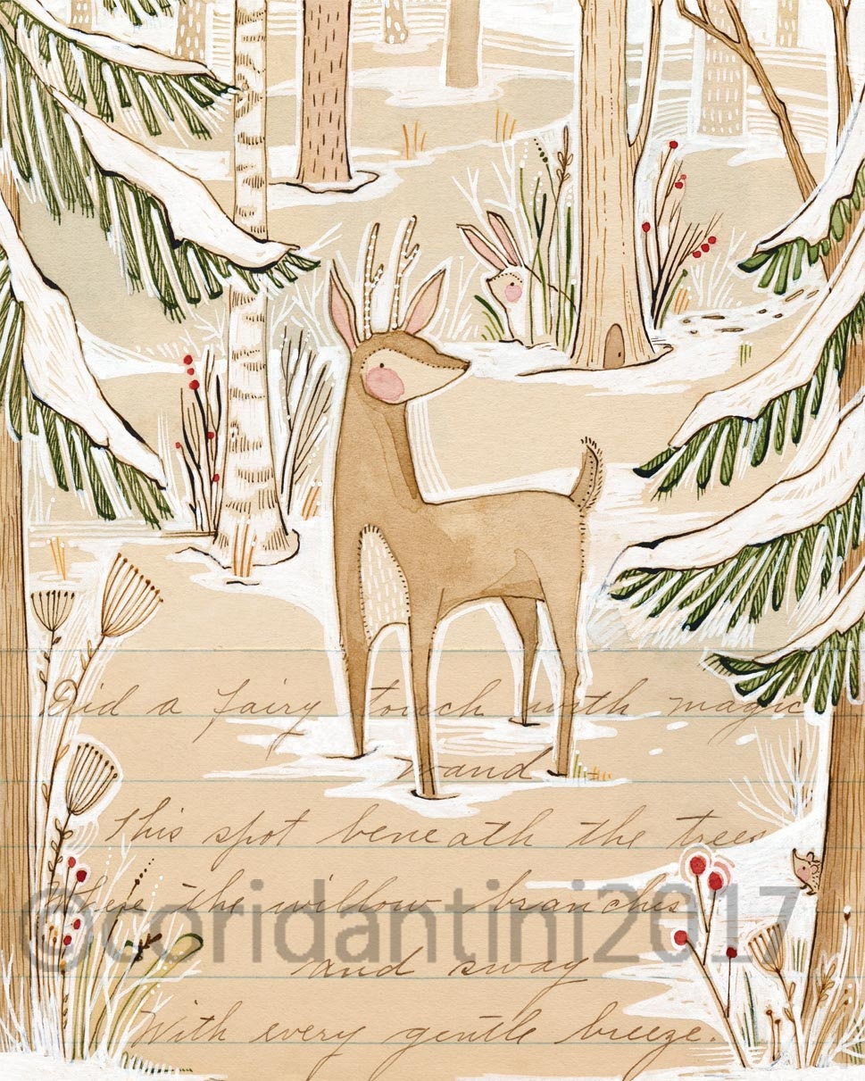 Whimsical deer in the forest holiday Archival Art | Etsy