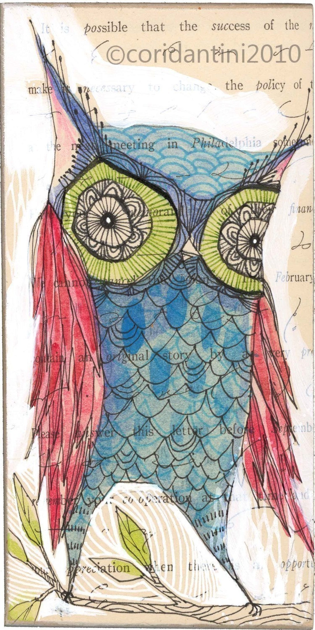 Blue Owl drawing Over Watercolor perdita 5 X 10 Inches - Etsy