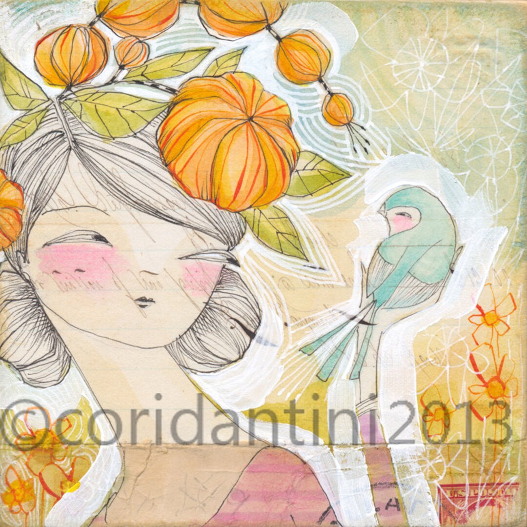 Illustration of Cute Girl Looking at a Blue Bird Art, Watercolor ...