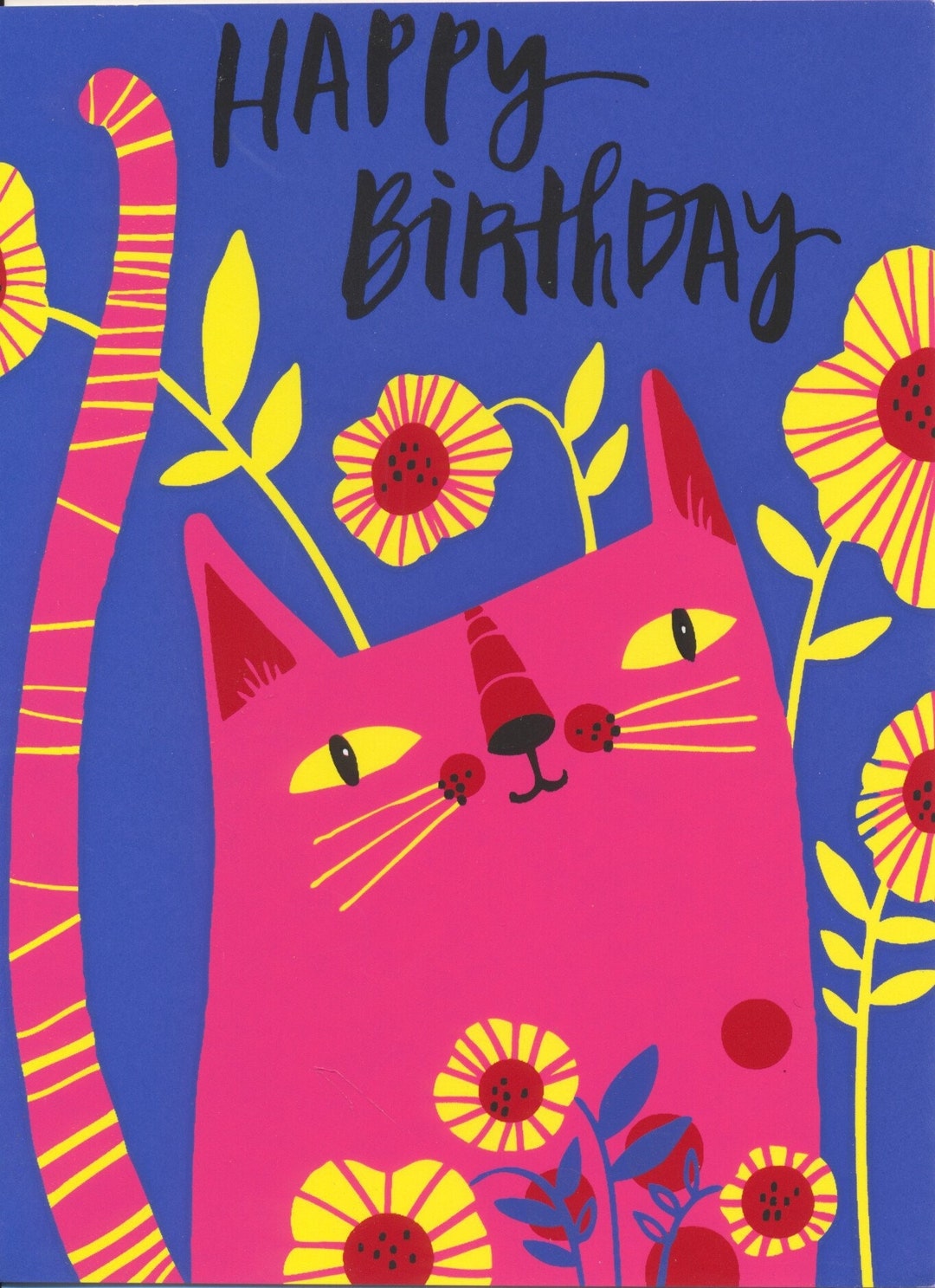 Cat, Kitty Cat, Happy Birthday Greeting Card, Pink Cat and Flowers ...