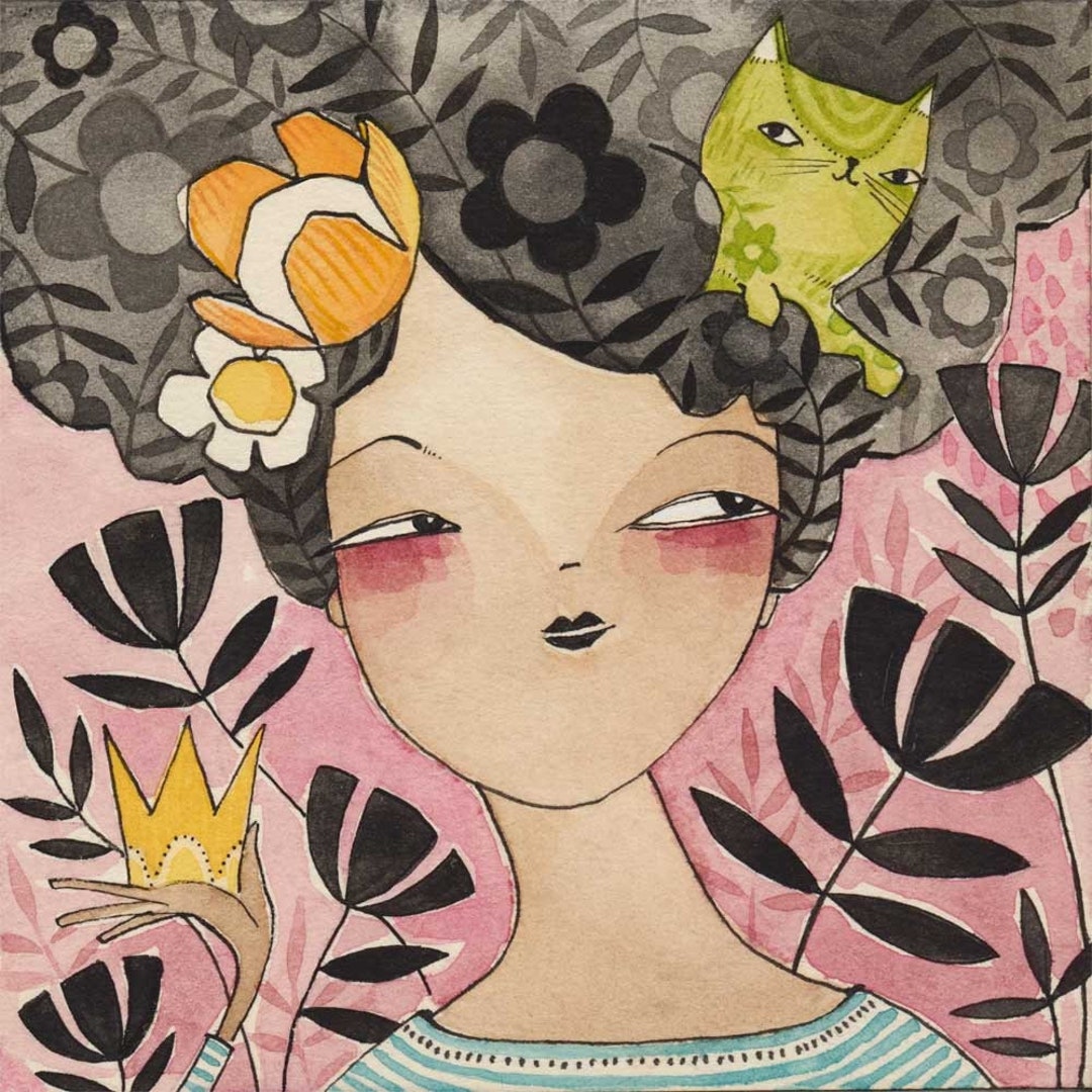 Beautiful Woman of Color With Crown and Cat | Cori Dantini | Watercolor ...