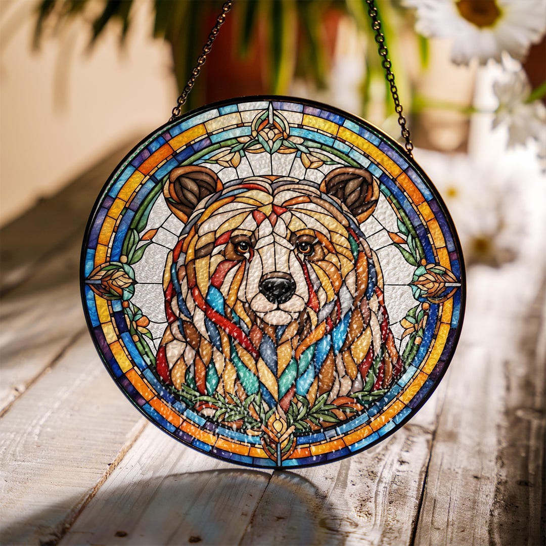 Stained Glass Bear Suncatcher - Mountain Wilderness Art for Windows and ...