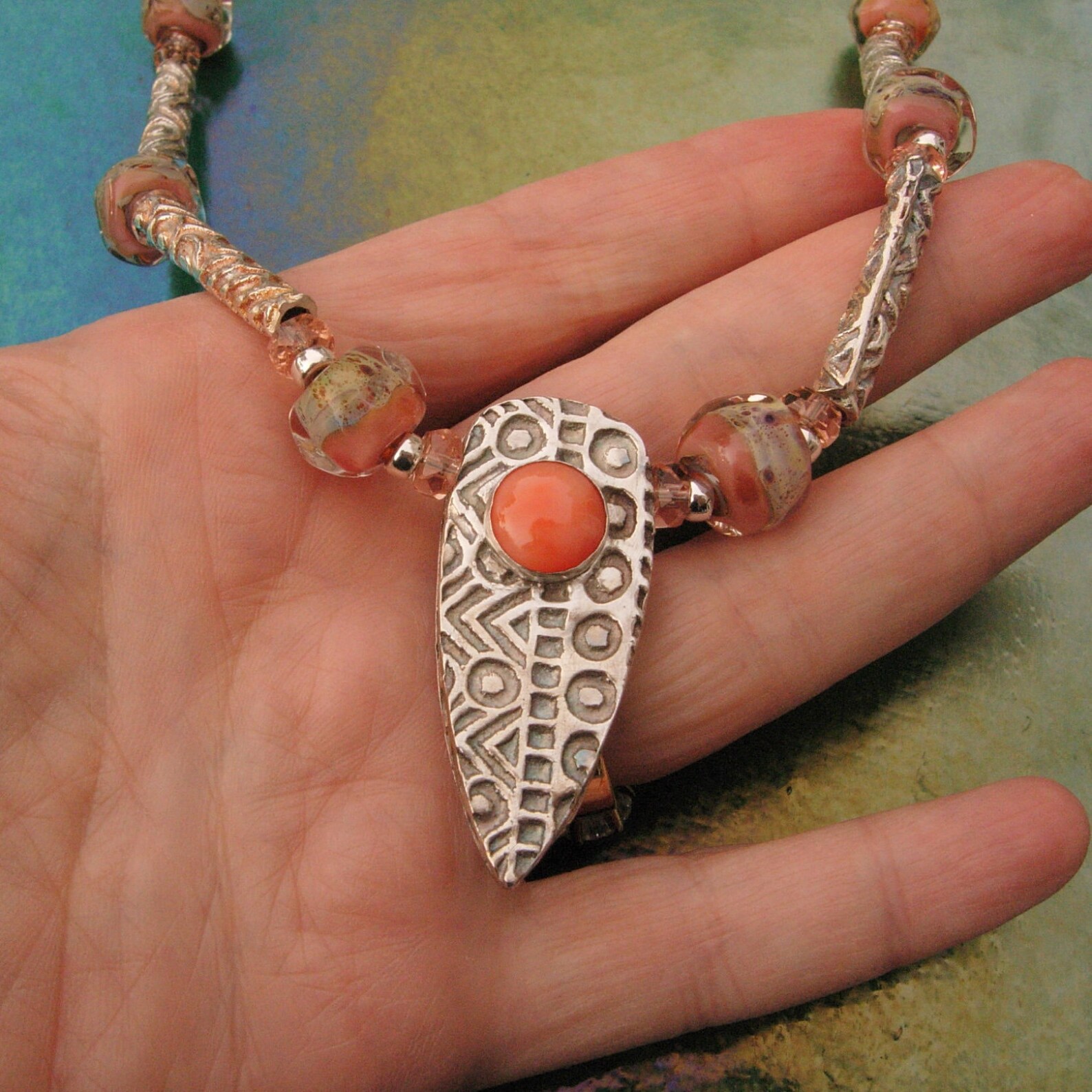 Tribal Shield Fine Silver Box Bead, Lampwork and Coral Cabochon ...