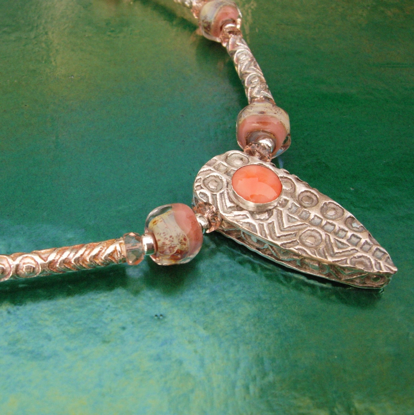 Tribal Shield Fine Silver Box Bead, Lampwork and Coral Cabochon ...