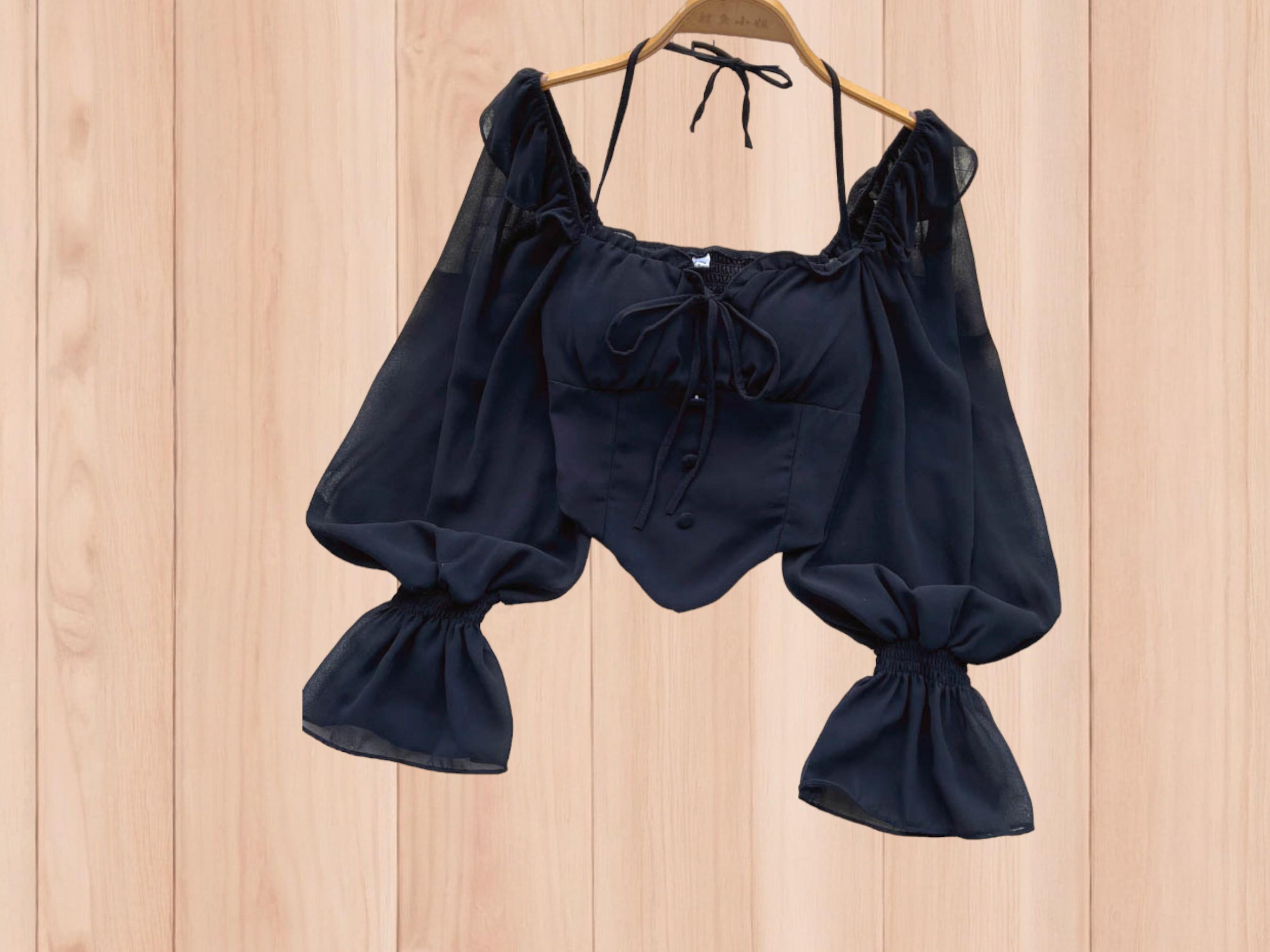 Ruffle Halter Cropped Top Flare Sleeve Tops Fitted Style Outwear ...