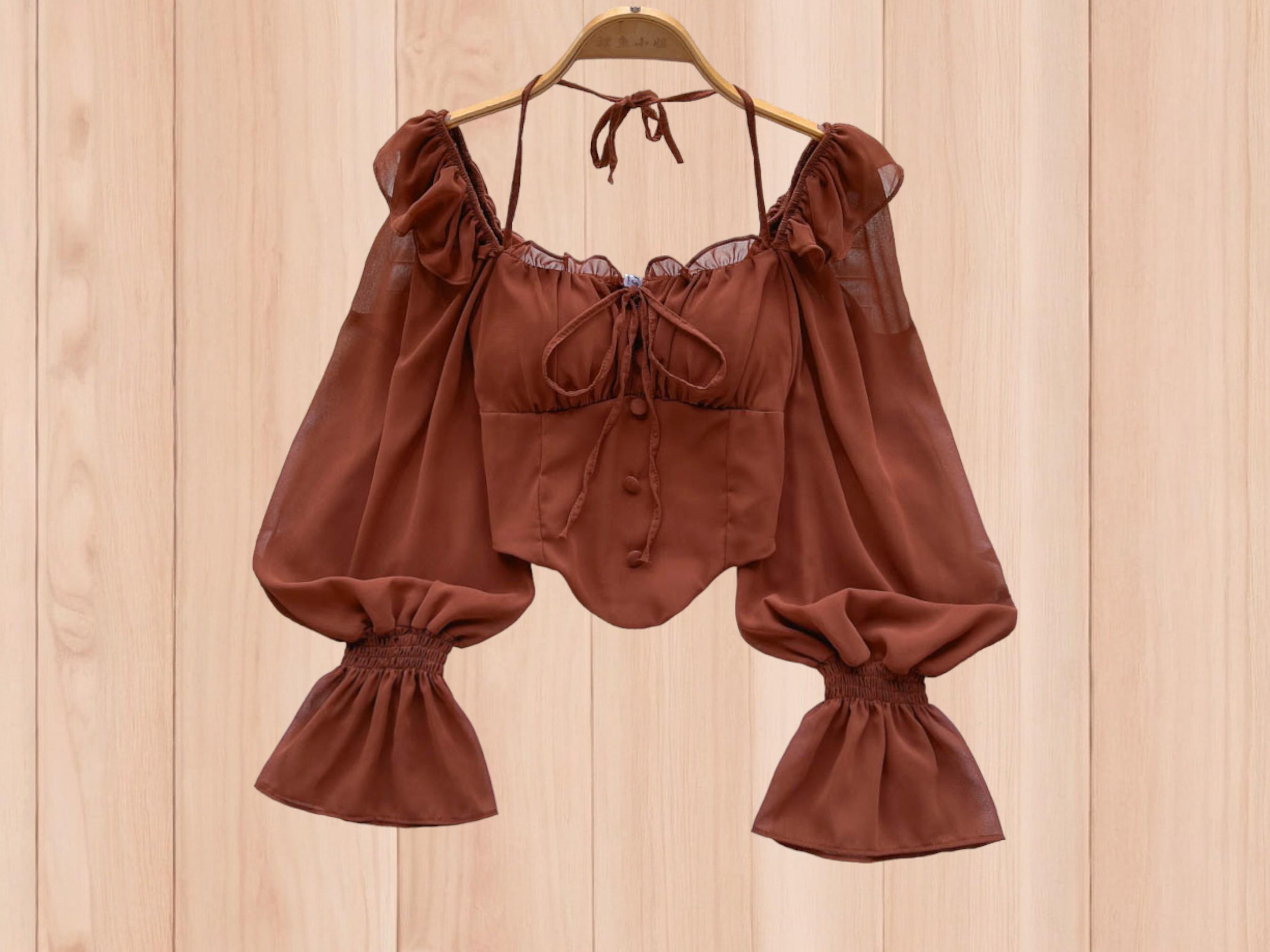 Ruffle Halter Cropped Top Flare Sleeve Tops Fitted Style Outwear ...