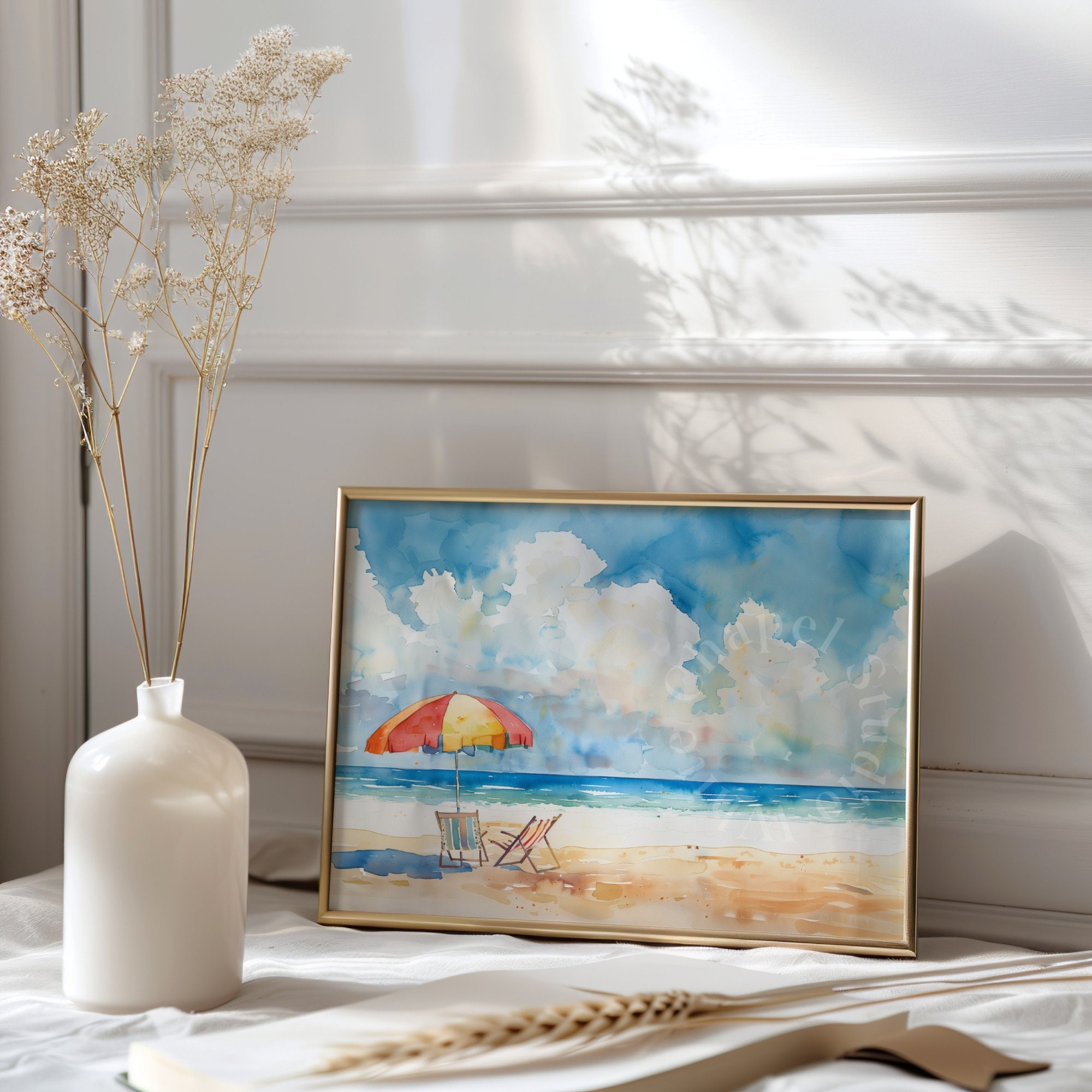 Printable Beach Scene Art, Watercolor Beach Print, Beach House Decor ...