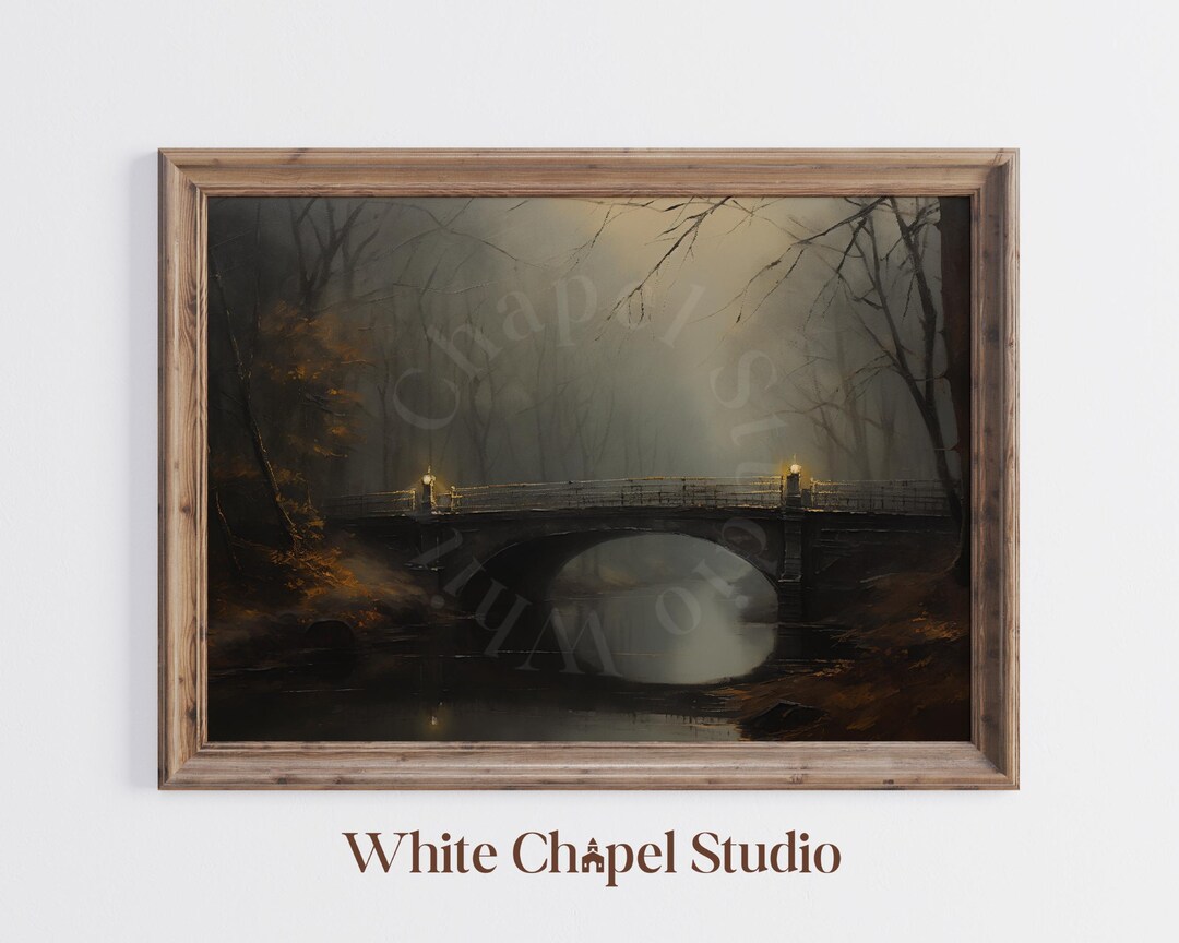 Moody Autumn Bridge Painting, Moody Fall Print, Rainy Bridge Art ...