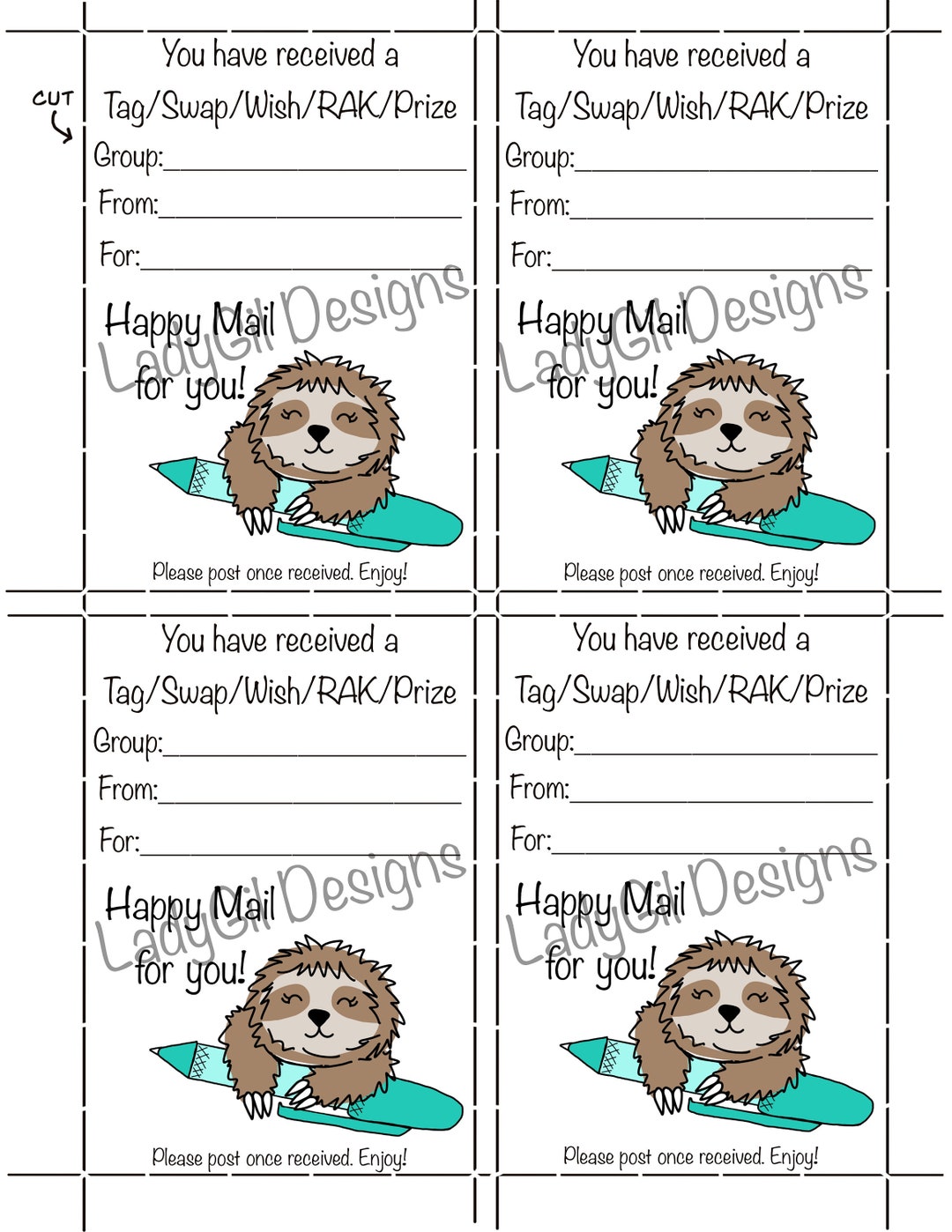 Happy Mail Swap Insert Tag/swap/wish/rak/prize/sloth Digital Download ...
