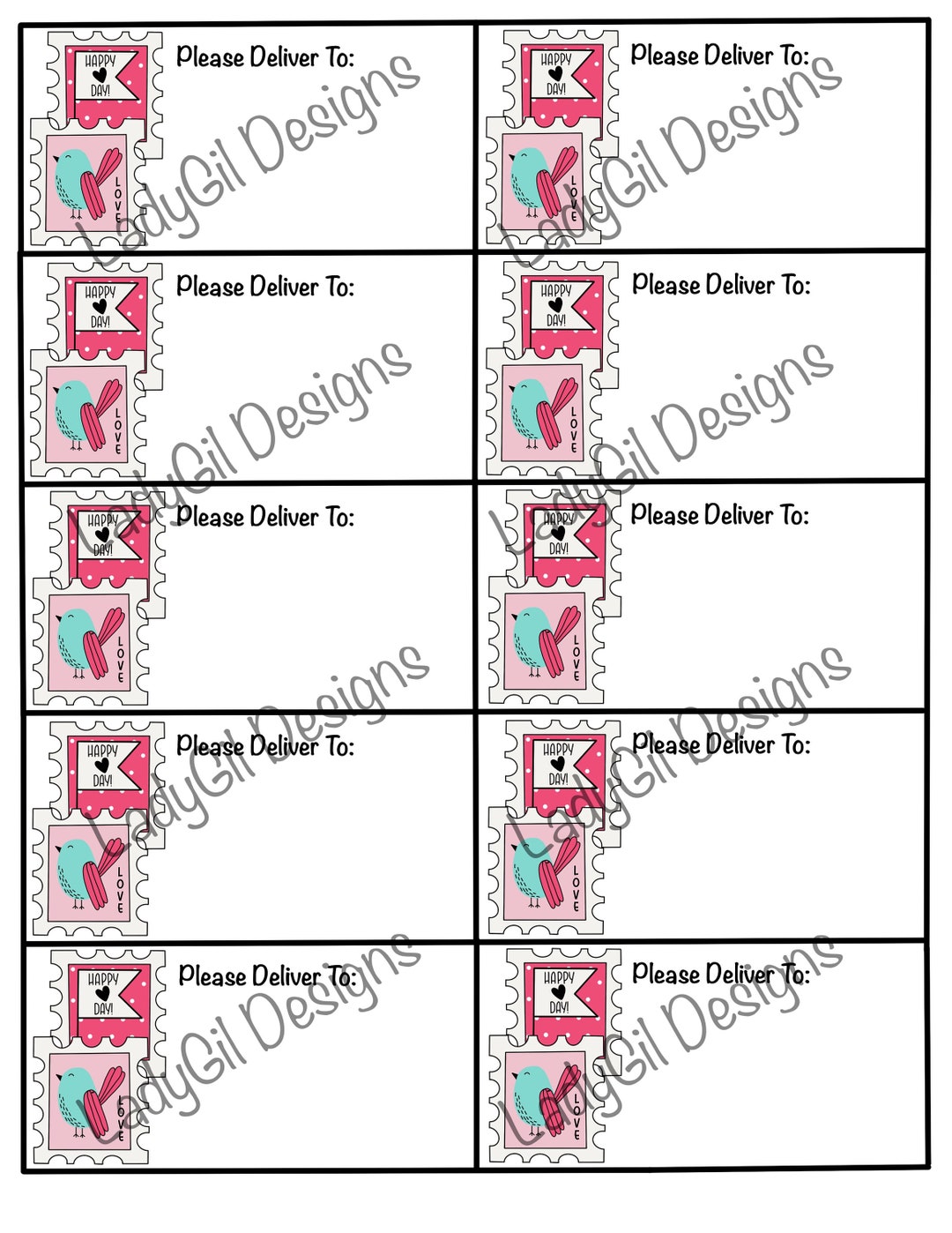 Unlined | Please Deliver to Labels | Valentine Postage Stamps | Digital ...