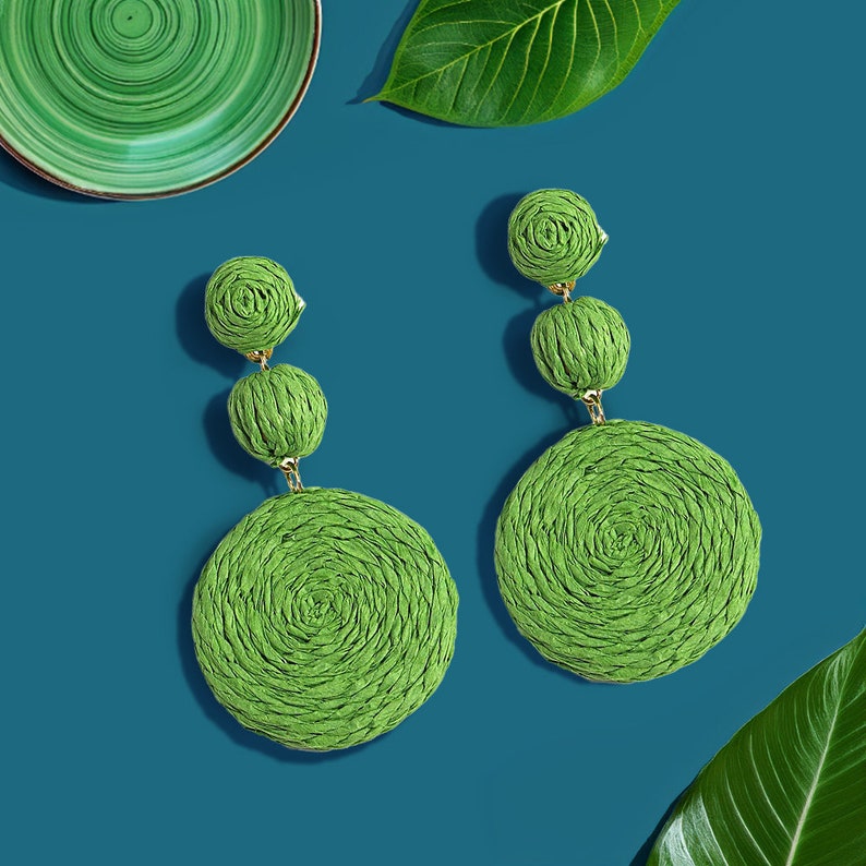 Boho Yellow Raffia Earrings, Round Drop Earring for Women, Handmade Earrings, Geometric Rattan ...