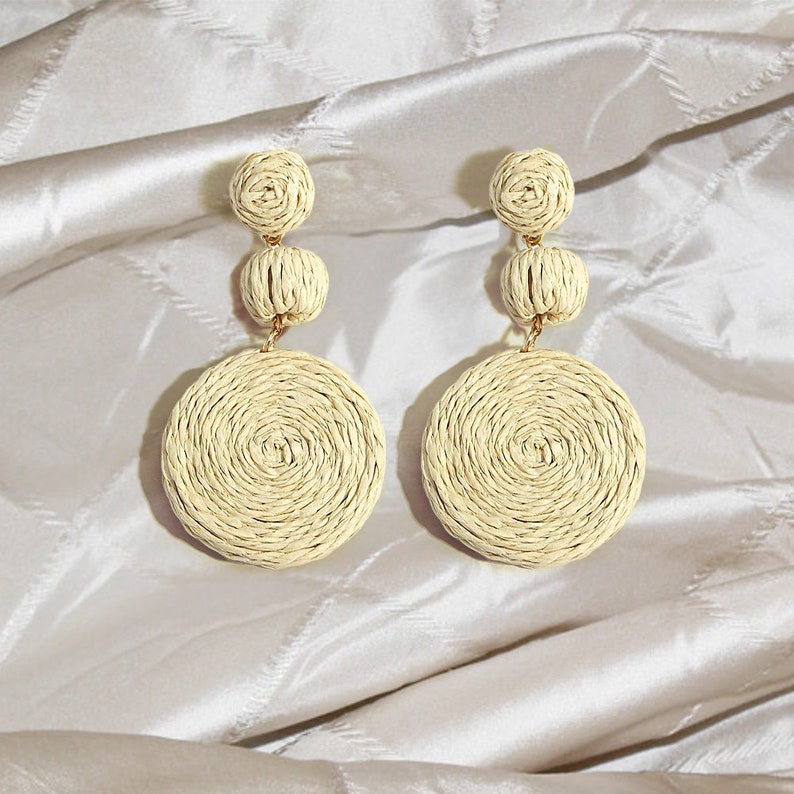 Boho Yellow Raffia Earrings, Round Drop Earring for Women, Handmade Earrings, Geometric Rattan ...