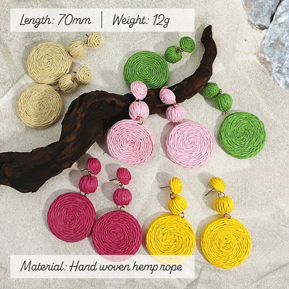 Boho Yellow Raffia Earrings, Round Drop Earring for Women, Handmade Earrings, Geometric Rattan ...