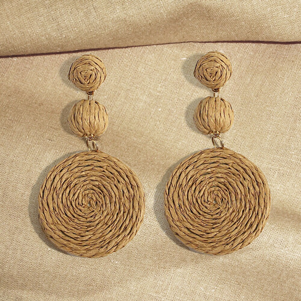 Boho Yellow Raffia Earrings, Round Drop Earring for Women, Handmade ...