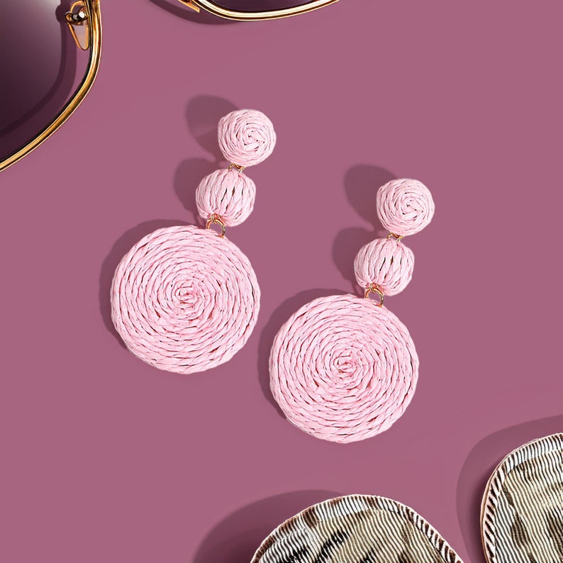 Boho Yellow Raffia Earrings, Round Drop Earring for Women, Handmade Earrings, Geometric Rattan ...