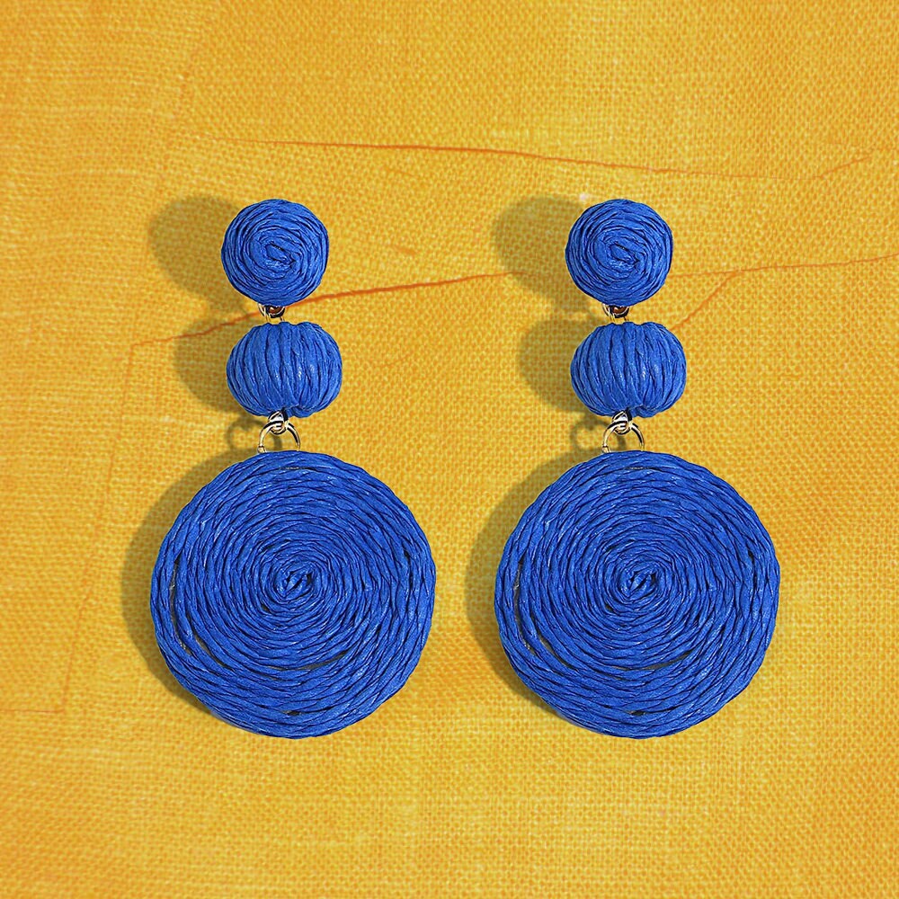 Boho Yellow Raffia Earrings, Round Drop Earring for Women, Handmade ...