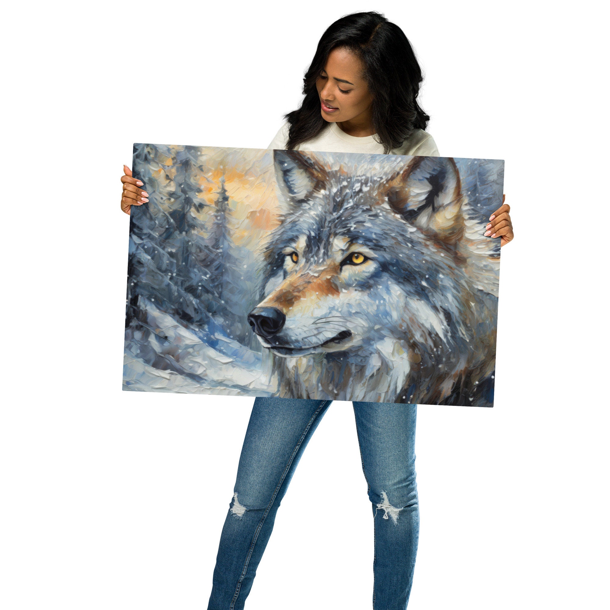 Beautiful Grey Wolf Fine Art Metal Print - Vibrant Oil Painting, Winter ...