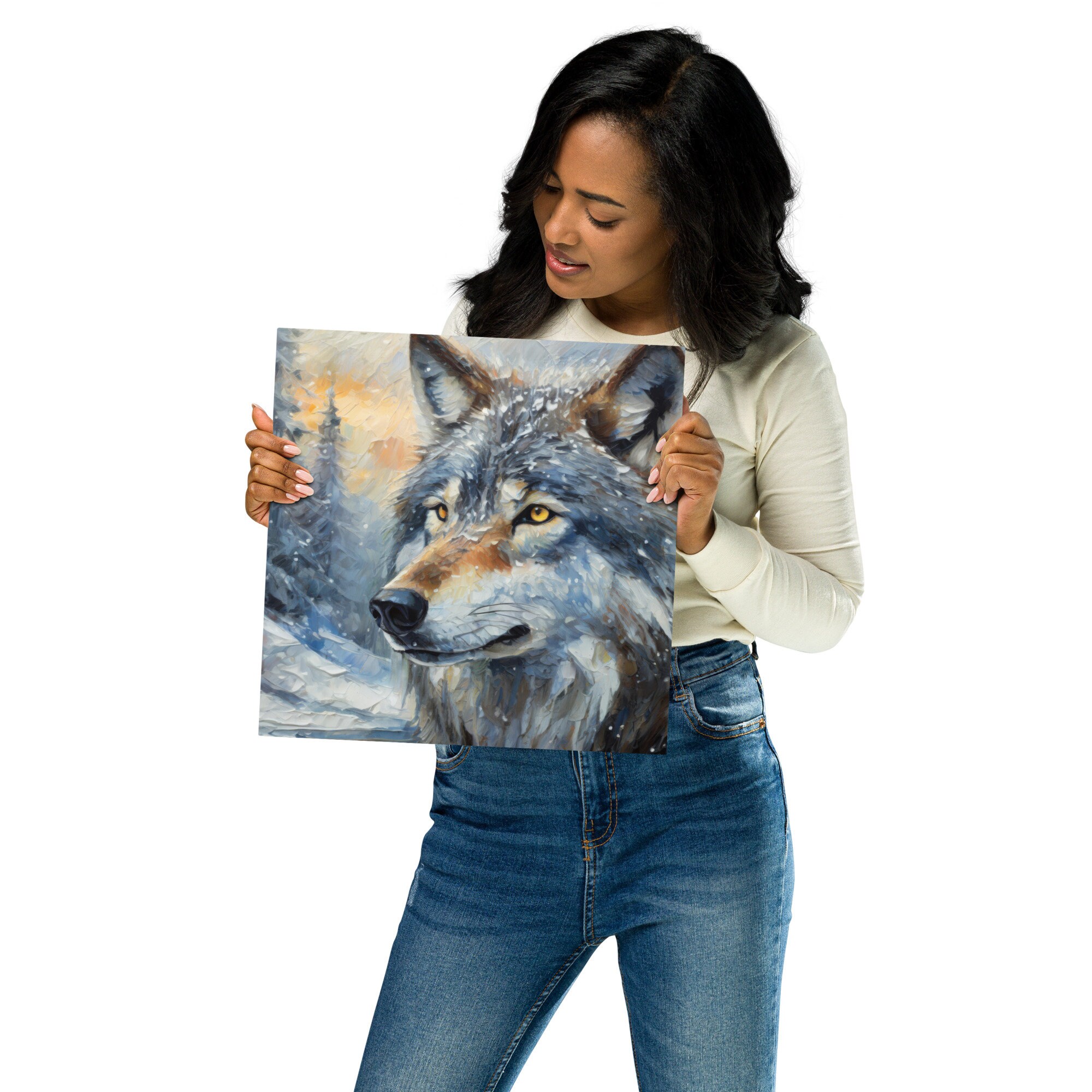 Beautiful Grey Wolf Fine Art Metal Print - Vibrant Oil Painting, Winter ...