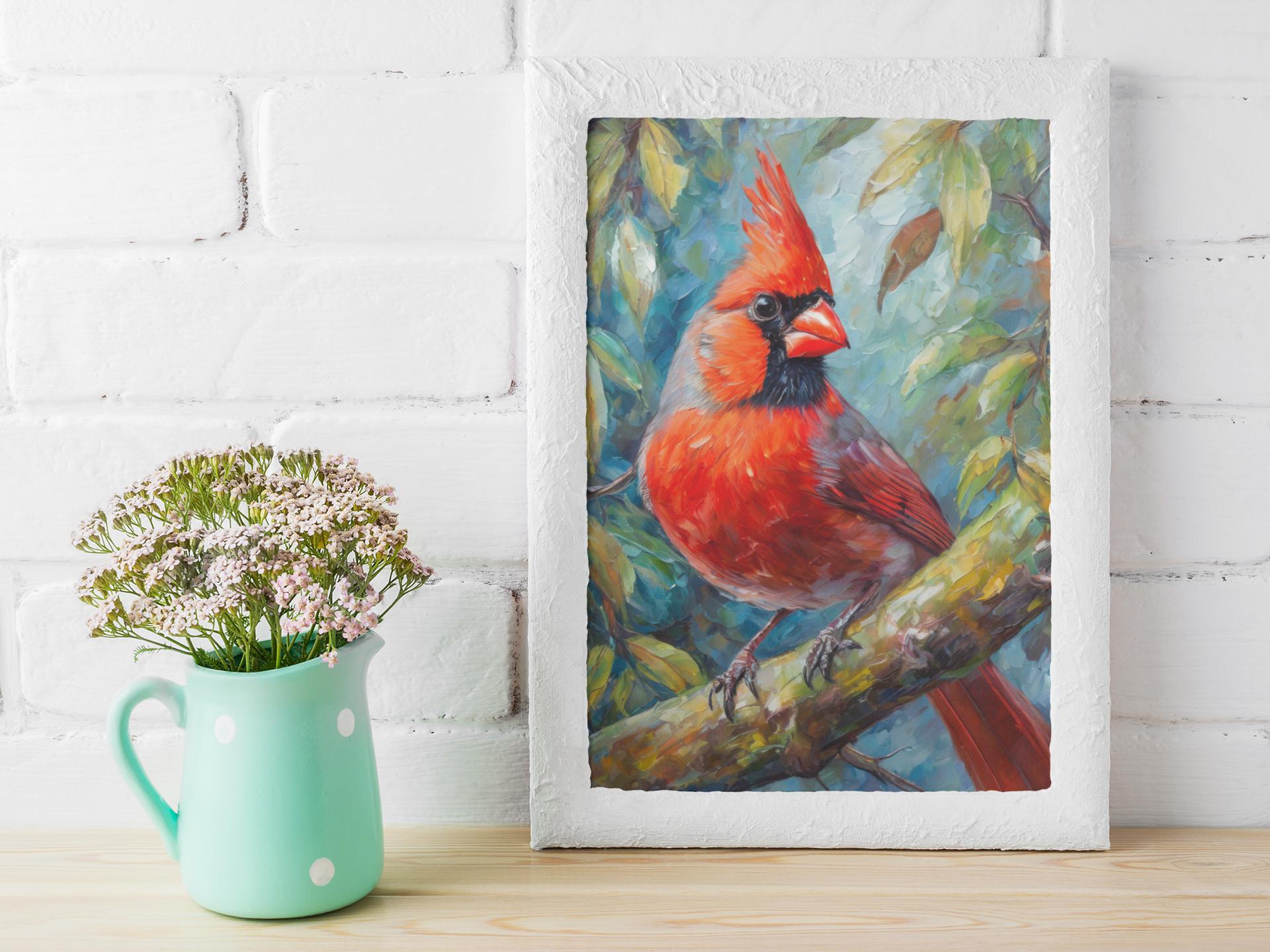 A Vibrant Red Cardinal Art Print - Colorful Oil Painting Wall Art Decor ...