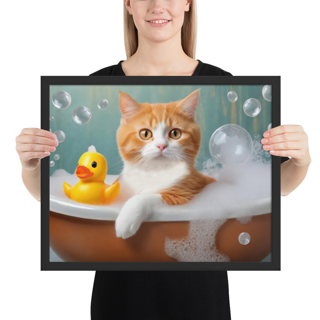 Adorable Cat Bubble Bath Framed Fine Art Poster Print - Perfect for Cat ...