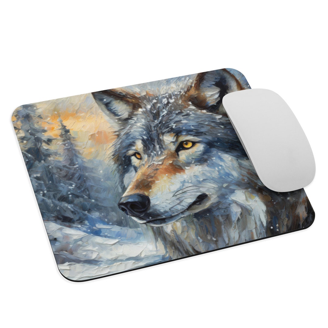 Vibrant Grey Wolf Mouse Pad - Colorful Oil Painting, Winter Landscape ...