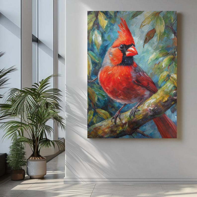 A Vibrant Red Cardinal Art Print - Colorful Oil Painting Wall Art Decor ...