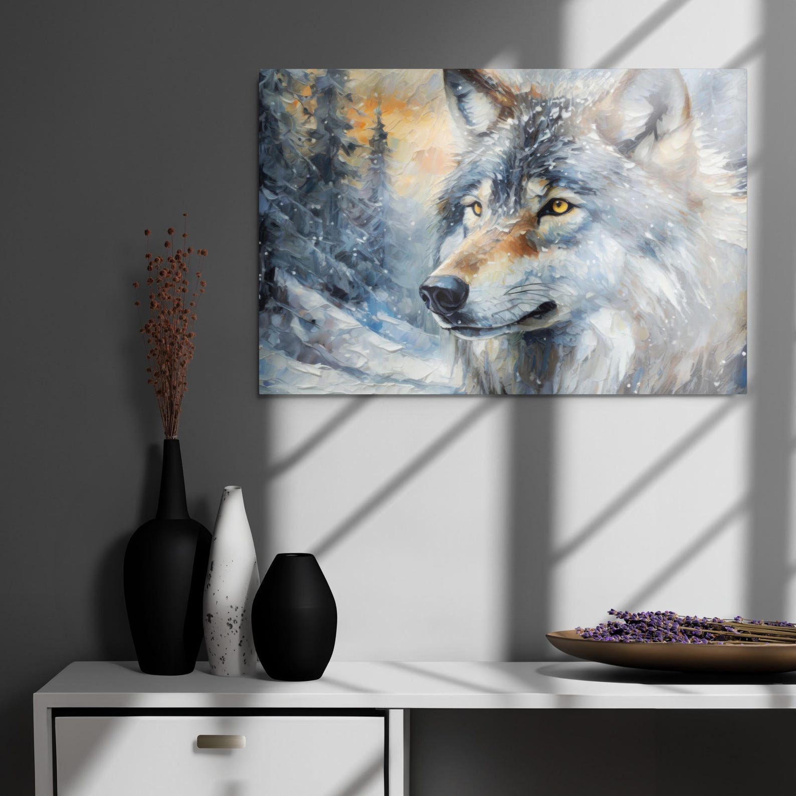 Beautiful Grey Wolf Fine Art Metal Print - Vibrant Oil Painting, Winter ...
