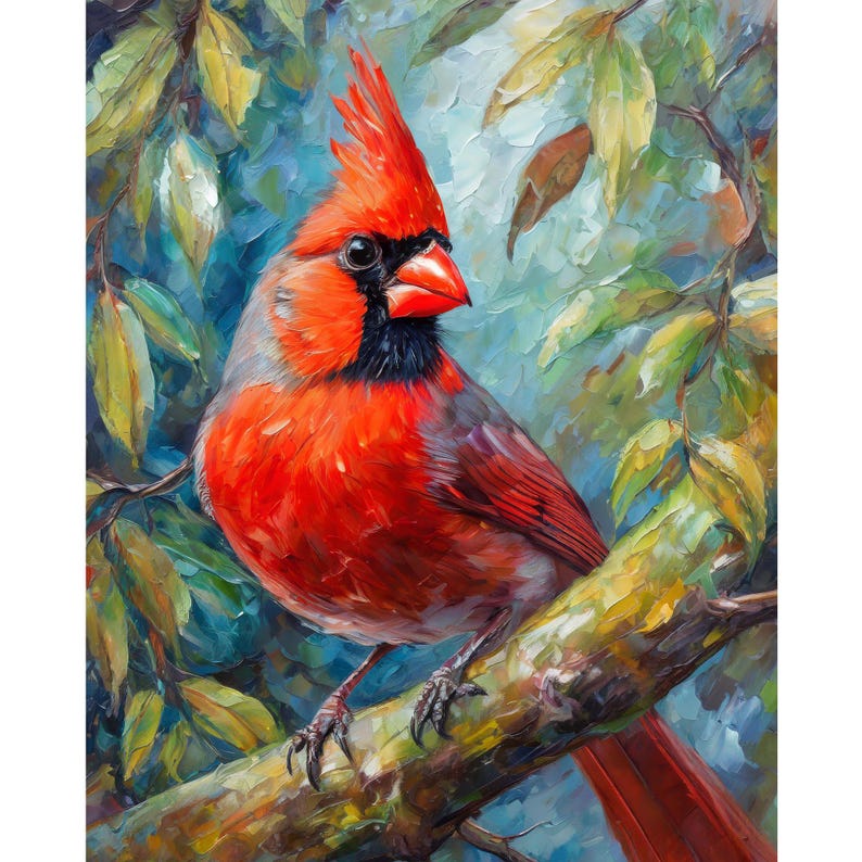 A Vibrant Red Cardinal Art Print - Colorful Oil Painting Wall Art Decor ...