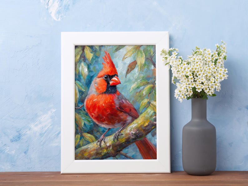 A Vibrant Red Cardinal Art Print - Colorful Oil Painting Wall Art Decor ...