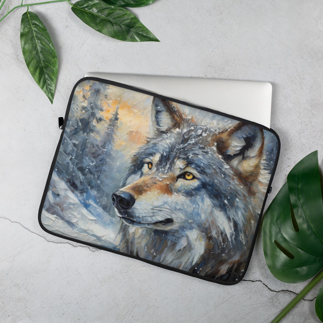 Vibrant Grey Wolf Laptop Sleeve - Colorful Oil Painting, Winter ...