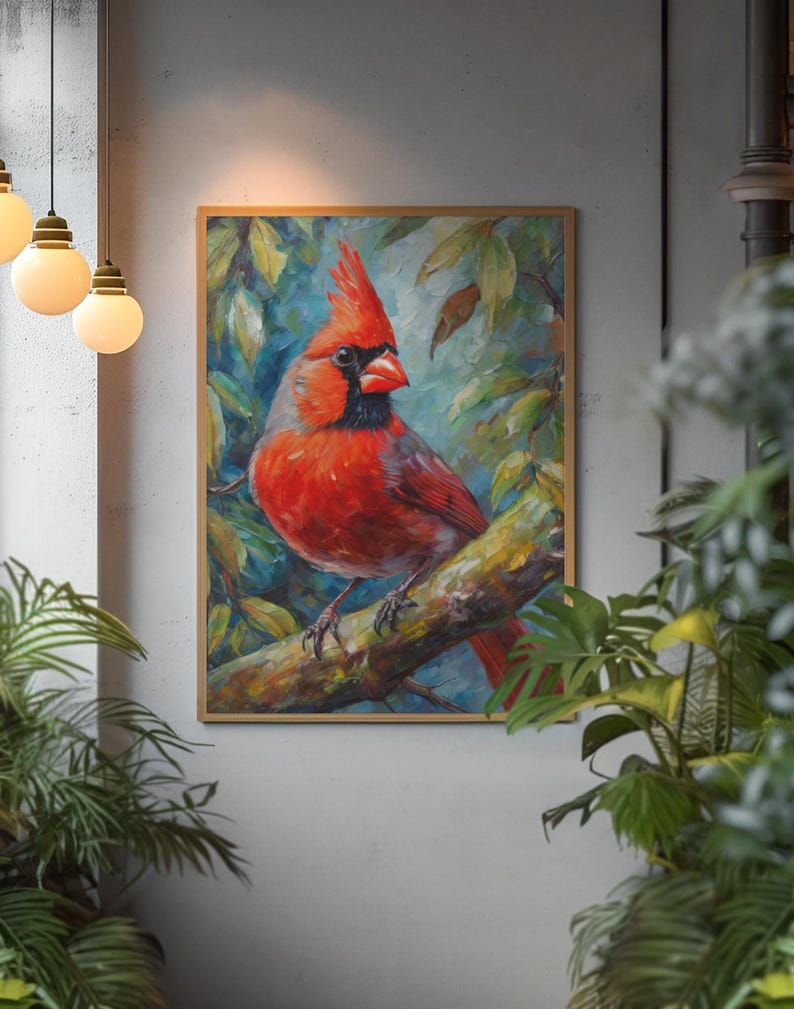 A Vibrant Red Cardinal Art Print - Colorful Oil Painting Wall Art Decor ...