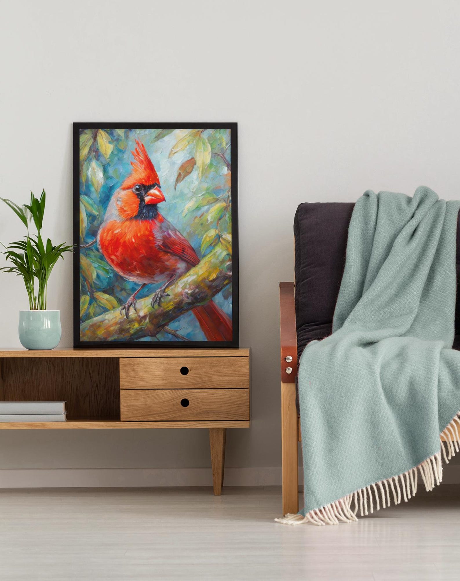 A Vibrant Red Cardinal Art Print - Colorful Oil Painting Wall Art Decor ...