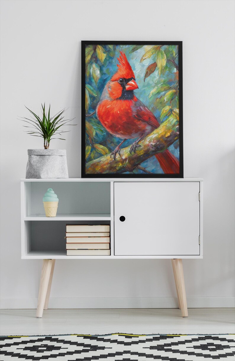 A Vibrant Red Cardinal Art Print - Colorful Oil Painting Wall Art Decor ...